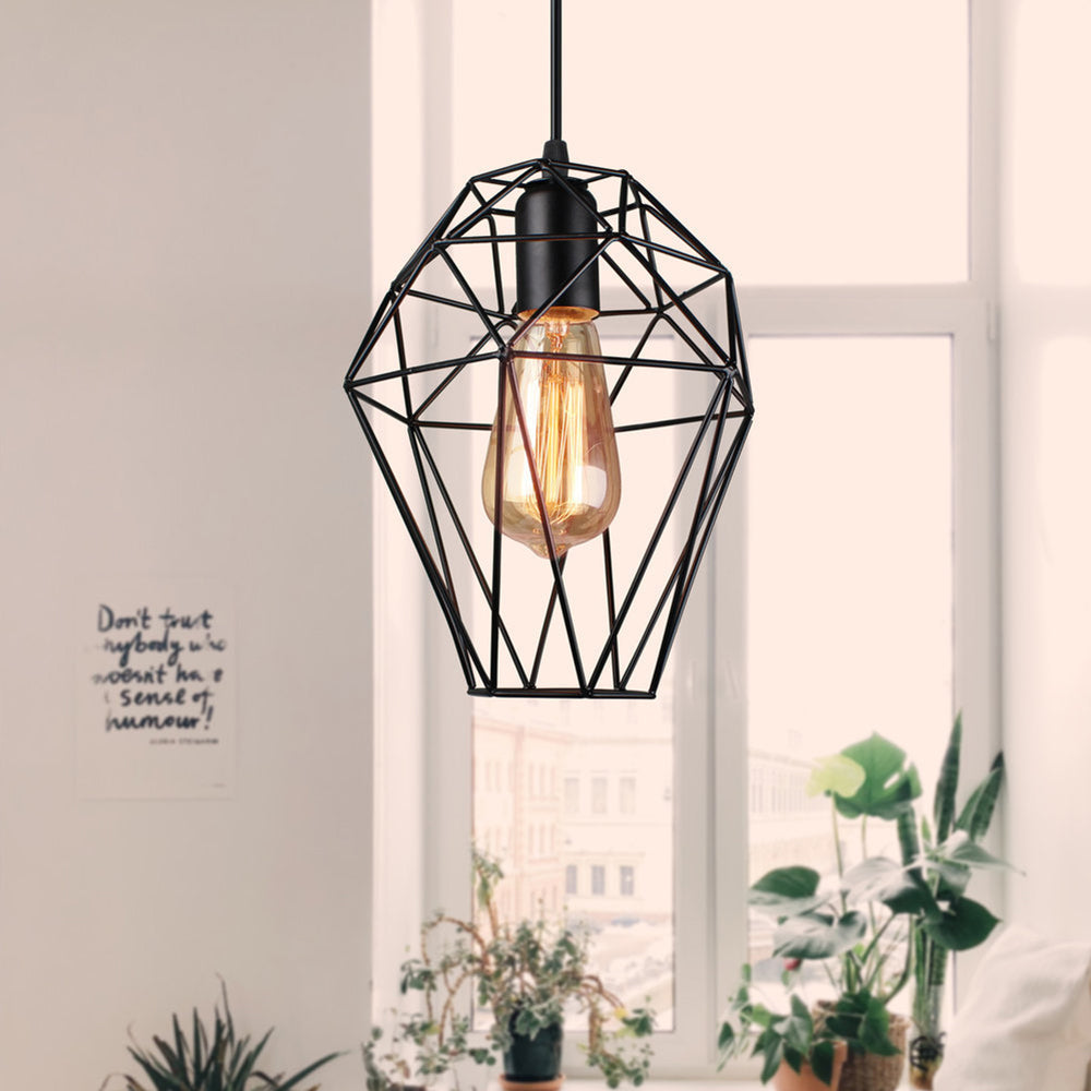 Industrial Black Metallic Wire Cage Ceiling Pendant Light with Geometr ...