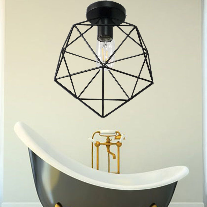 Industrial Metal Polygon Close to Ceiling Light with Cage Shade - Blac ...