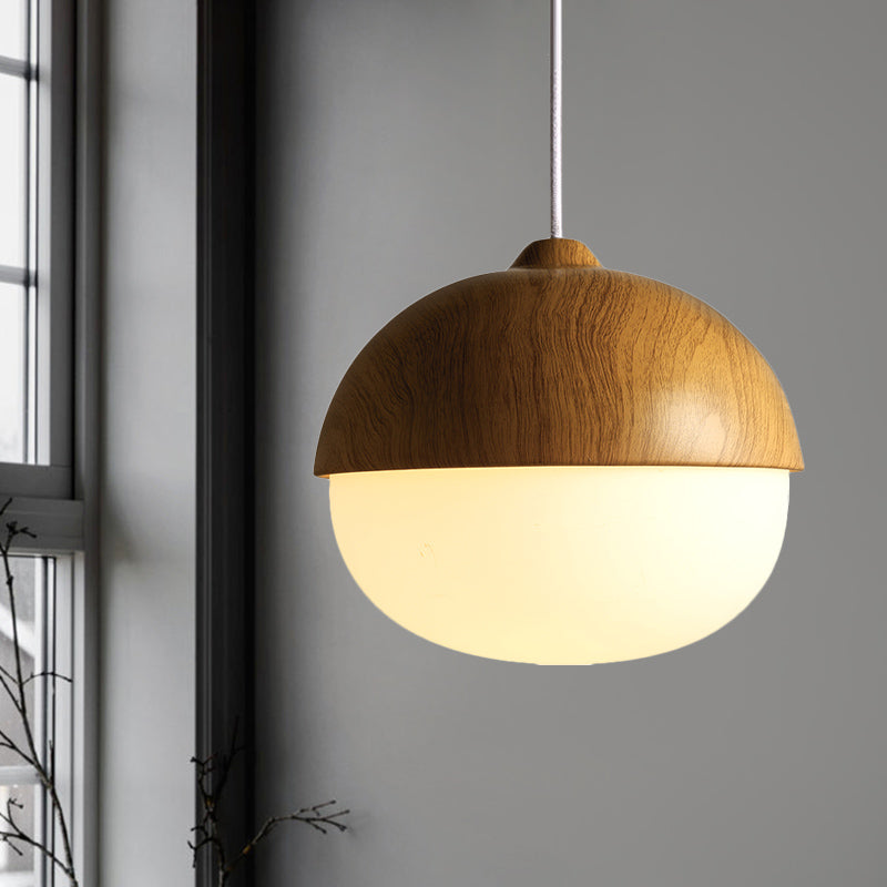 Simple Wooden Pendant Light with Ivory Glass Shade in Brown – Home Deco99