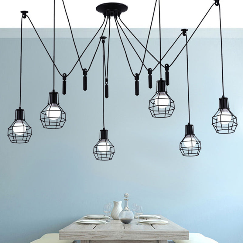 Industrial Black Iron Swag Pendant Lighting with 6 Caged Lights and Pu ...