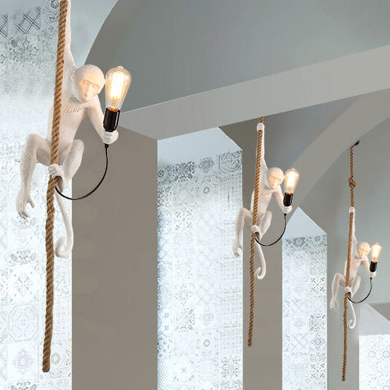 Modern Resin Monkey Ceiling Pendant Light with Rope Cord - 1-Light Whi ...