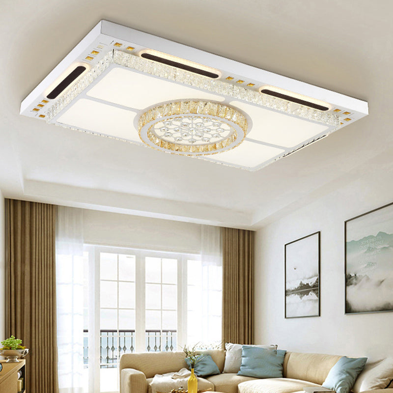 White Rectangle Ceiling Light with Crystal Shade - Contemporary LED Fl ...