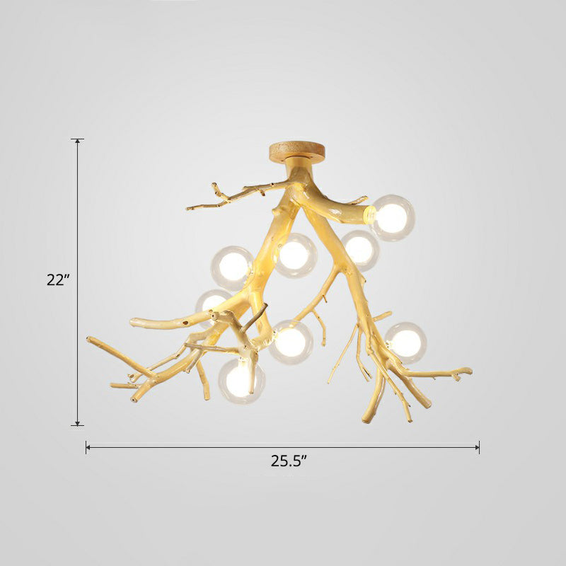 Japanese-Style Wood Tree Branch Ceiling Light: 8-Bulb Metal Semi Flush ...