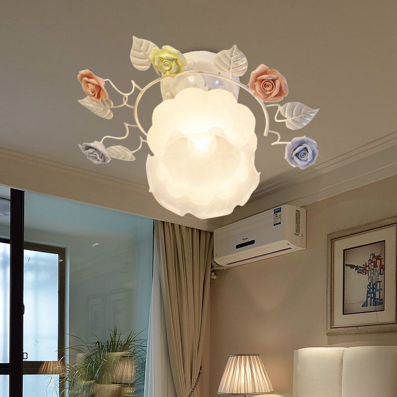 Ivory Glass Rose Ceiling Light - Traditional White/Pink Semi Flush Mou ...