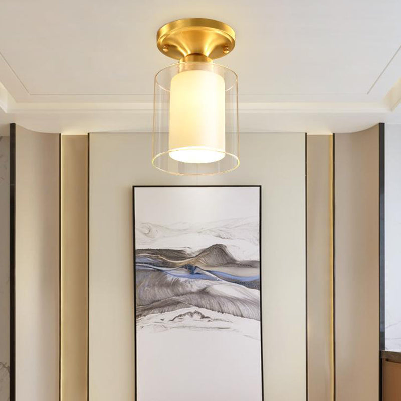 Gold Finish Cylindrical Semi Flush Ceiling Light - Glass Shade - Simpl ...
