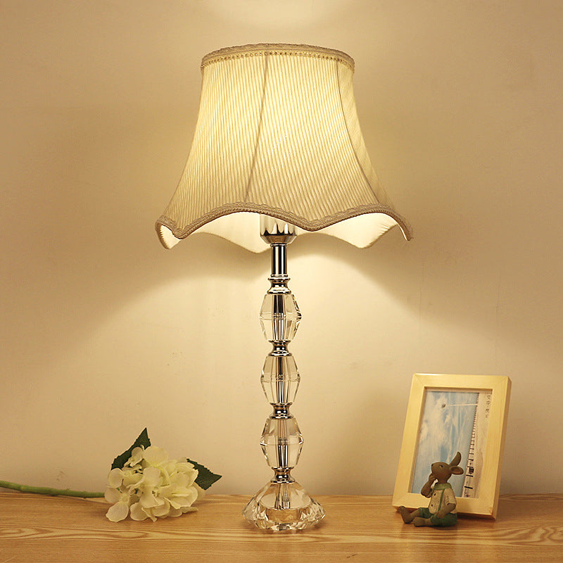 Minimalist 1-Light Beige Crystal Nightstand Lamp with Scalloped Fabric ...