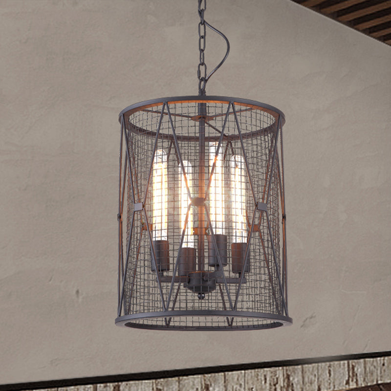 Farmhouse Pendant Light with Mesh Cylinder Metal Shade and 4 Bulbs - B ...