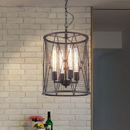 Farmhouse Pendant Light with Mesh Cylinder Metal Shade and 4 Bulbs - B ...