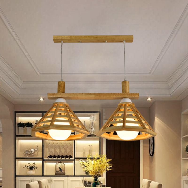 Modernist Beige Polygon Cage Pendant Lamp with Wood Shade - 2 Bulb Han ...